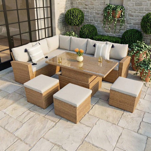 Pelias Rattan Garden Corner 8 Seater Outdoor Sofa Dining Set with Risi ...