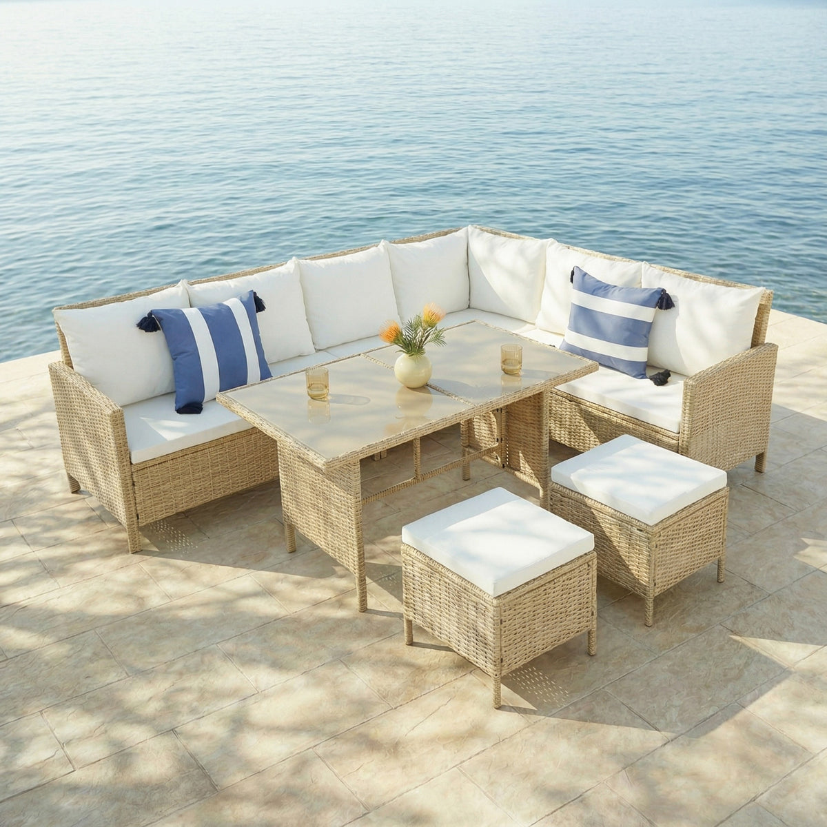 Thalia Rattan Garden Corner 8 Seater Outdoor Dining Sofa Set with Glas ...